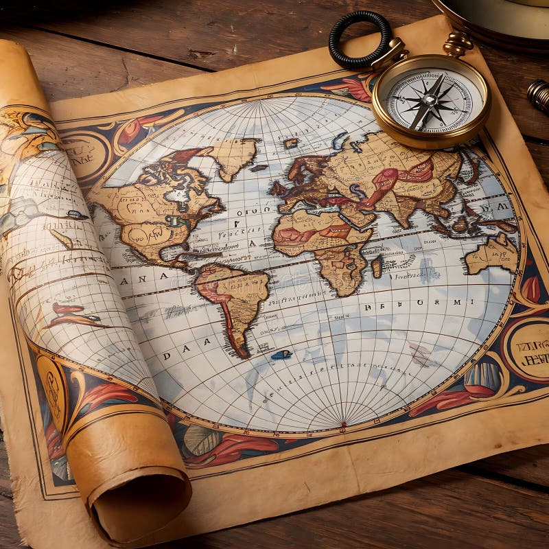 Ancient Parchment Paper with Vintage Map and Compass Scroll Side ...