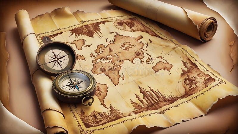 Ancient Parchment Paper with Vintage Map and Compass Scroll Side ...