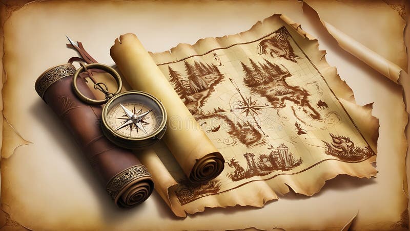 Ancient Parchment Paper with Vintage Map and Compass Scroll Side ...
