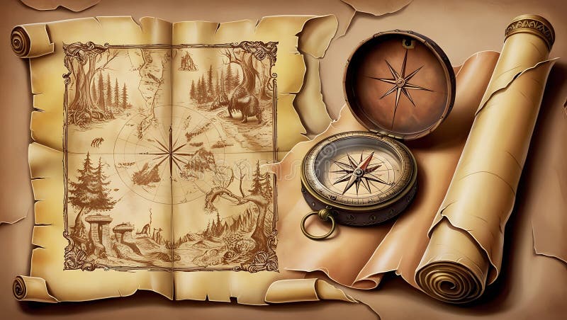 Ancient Parchment Paper with Vintage Map and Compass Scroll Side ...