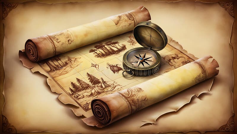 Ancient Parchment Paper with Vintage Map and Compass Scroll Side ...