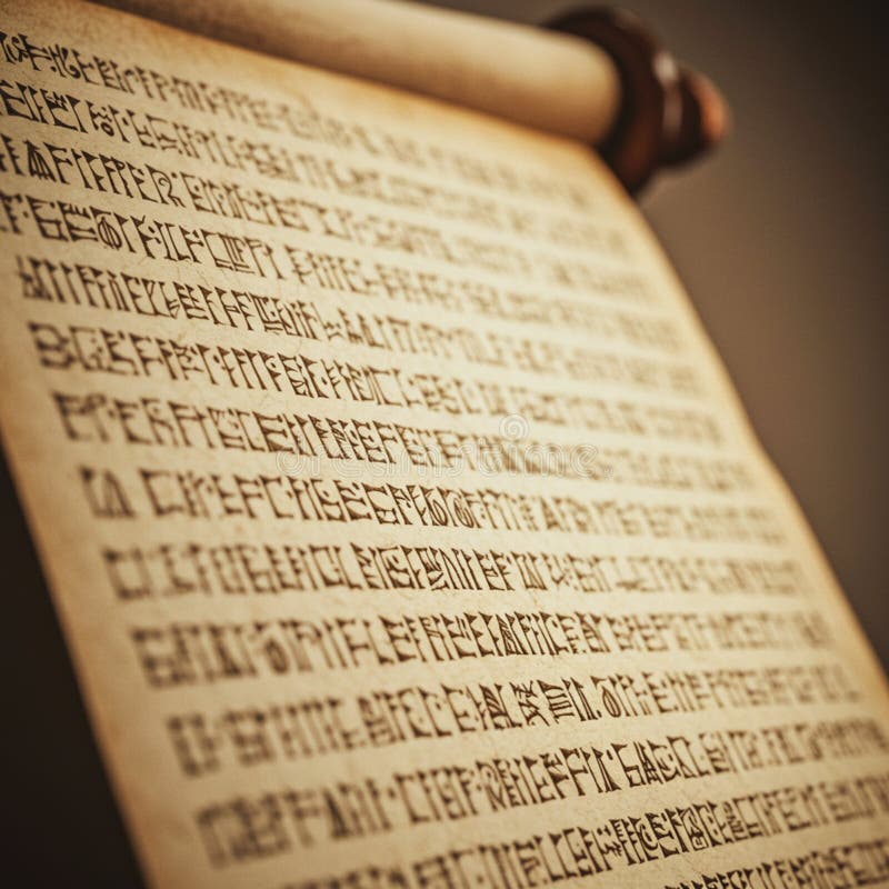 A Parchment Scroll Displaying Rows of Ancient, Stylized Script ...