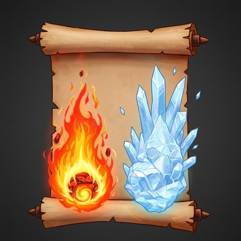 A Parchment Scroll with a Fiery Flame and a Cluster of Blue Ice ...