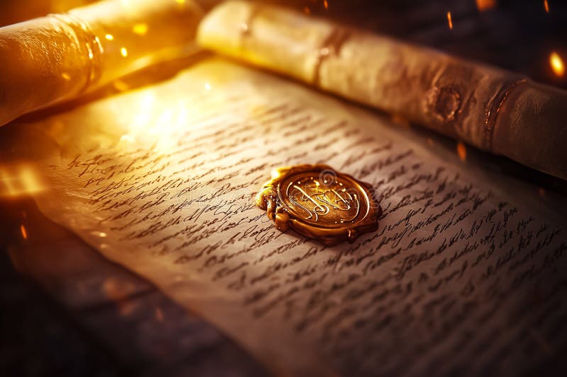 A Parchment Scroll with Handwritten Text and a Wax Seal Lies on a ...