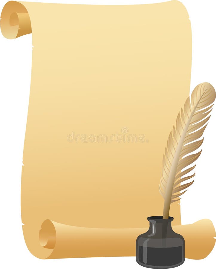 Cartoon Scroll And Quill Feather Quill Pen Writing On An Old Parchment