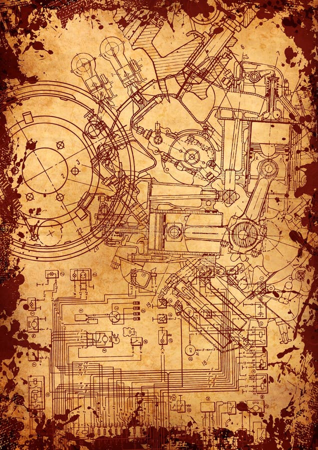 Parchment Sheet with Blueprint Stock Photo - Image of motor, document ...