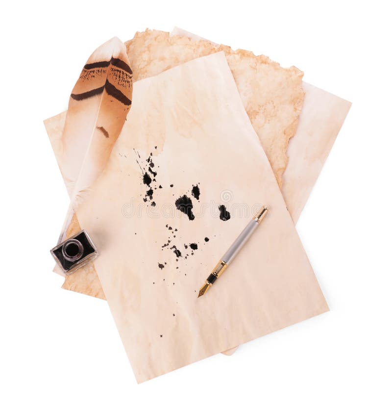 Parchment with Stains of Ink, Feather Pens and Inkwell on White ...