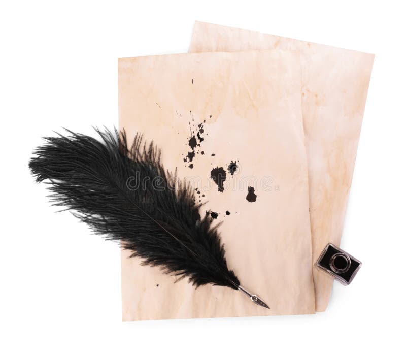 Parchment with Stains of Ink, Fountain Pen and Inkwell on White ...