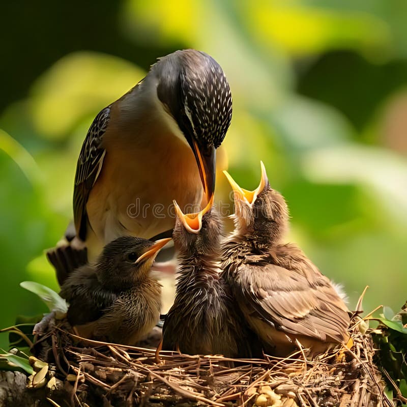 A Parent Bird is Lovingly Feeding Their Two Baby Chicks in the Nest ...