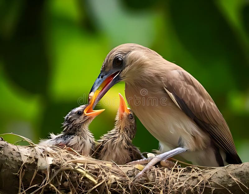 A Parent Bird is Lovingly Feeding Their Two Baby Chicks in the Nest ...