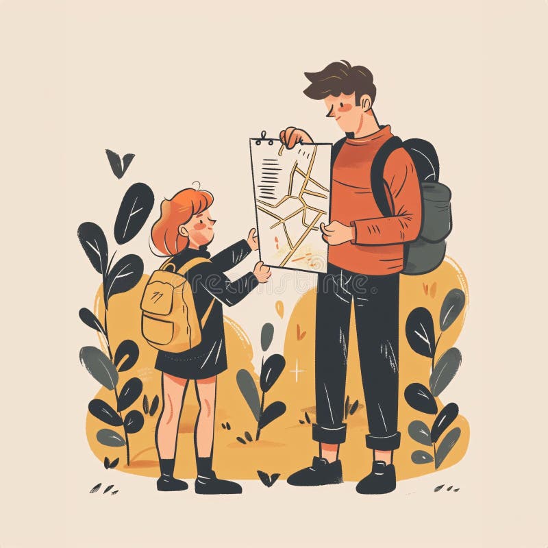 A Parent and Child Looking at a Map Together - a Man and a Girl Looking ...