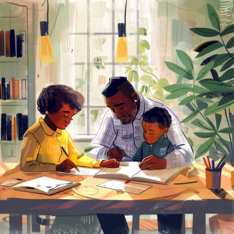 Parent and Child Sharing a Table Working and Doing Homework Stock ...