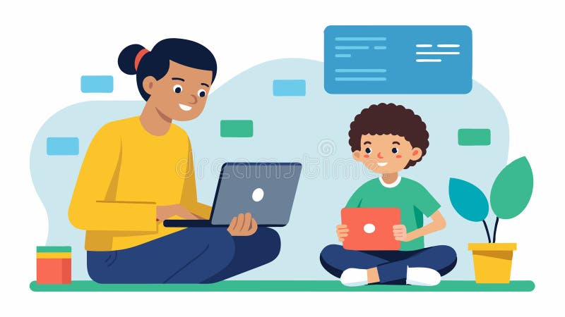 A Parent and Child Sitting Side by Side the Child Teaching Their Parent How To Use a Coding App ...