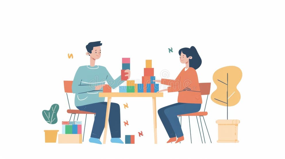 A Parent and Child Sitting at a Table with a Set of Colorful Blocks in ...