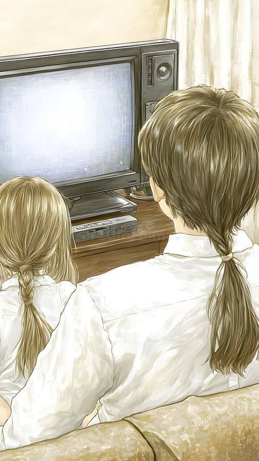 Parent and Child Watching TV Together Stock Illustration - Illustration ...