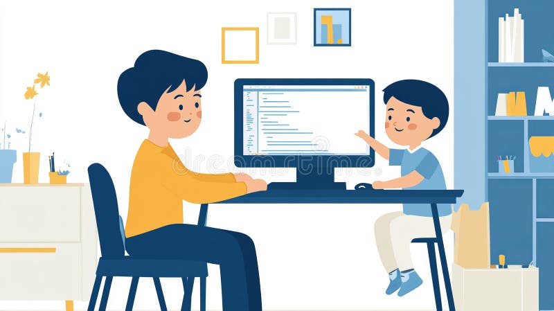 A Parent and Child Work Side by Side at a Desk with a Computer ...