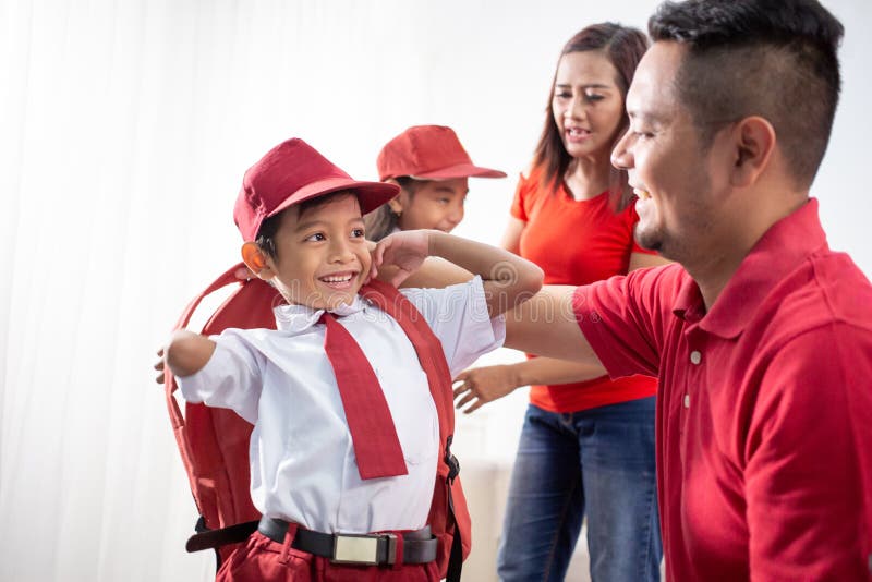 Parent Help Their Children Getting Ready for School Stock Image - Image ...