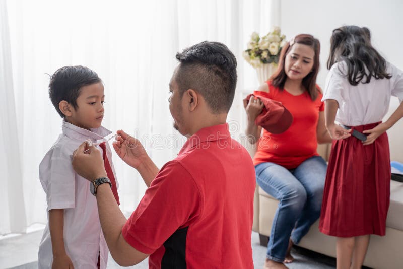 Parent Help Their Children Getting Ready For School Stock Image - Image ...