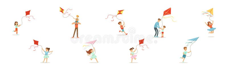 Parent and Kid Flying Kite with String in the Air Vector Set Stock ...