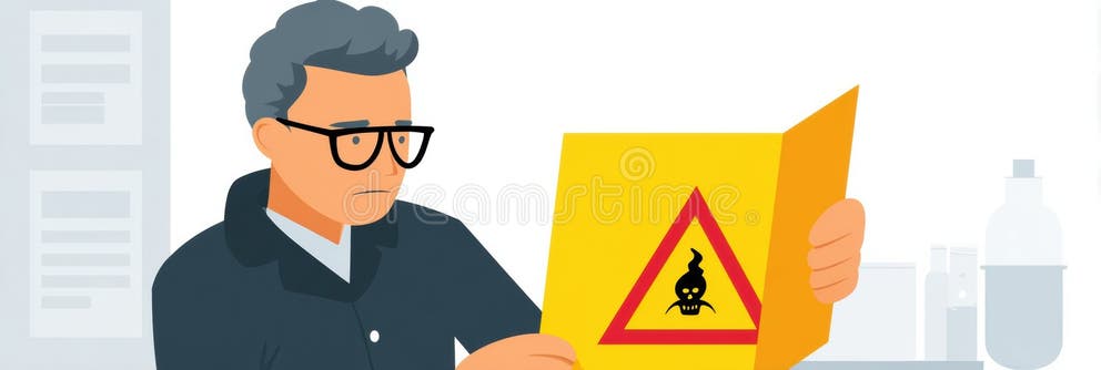Parent Reading Poison Warning Label with Serious Expression in a ...