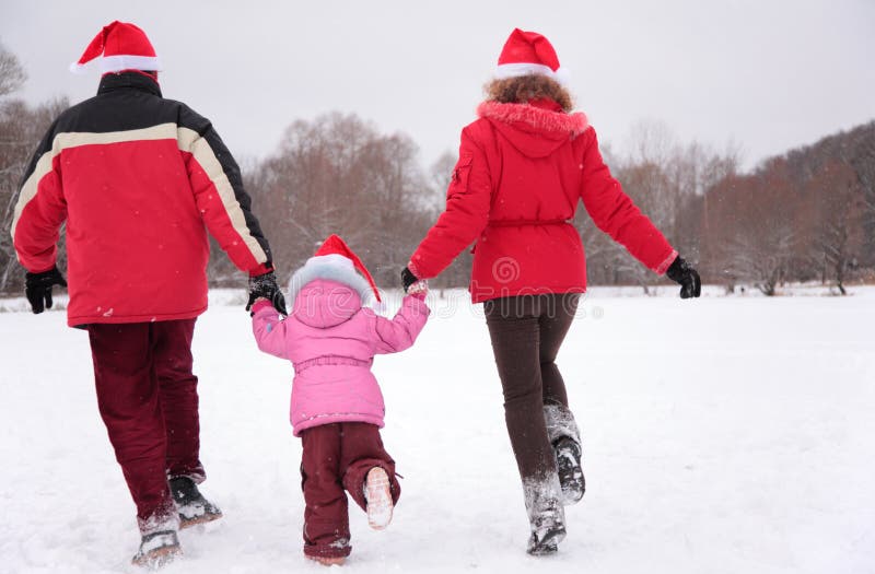 Parents with Child Run in Winter from Back Stock Photo - Image of human ...