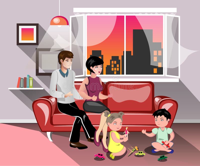 Parents with Children in Living Room Stock Vector - Illustration of ...