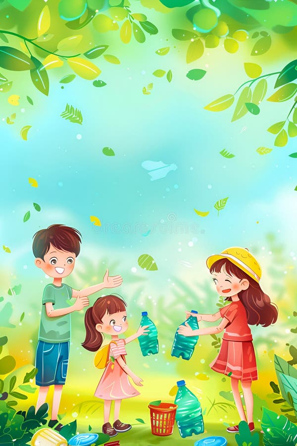 Parents Collecting Plastic Waste with Kids. Plastic Pollution Stock ...