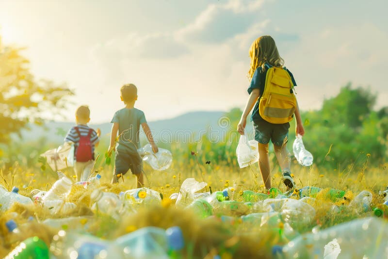 Parents Collecting Plastic Waste with Kids. Plastic Pollution Stock ...