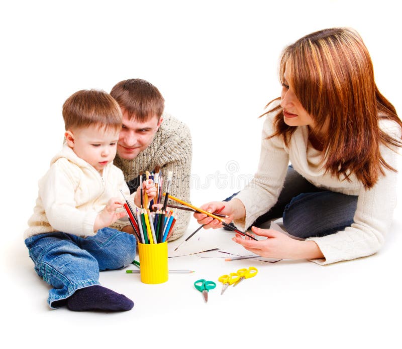 Parents drawing with son stock image. Image of help, craft - 12900817