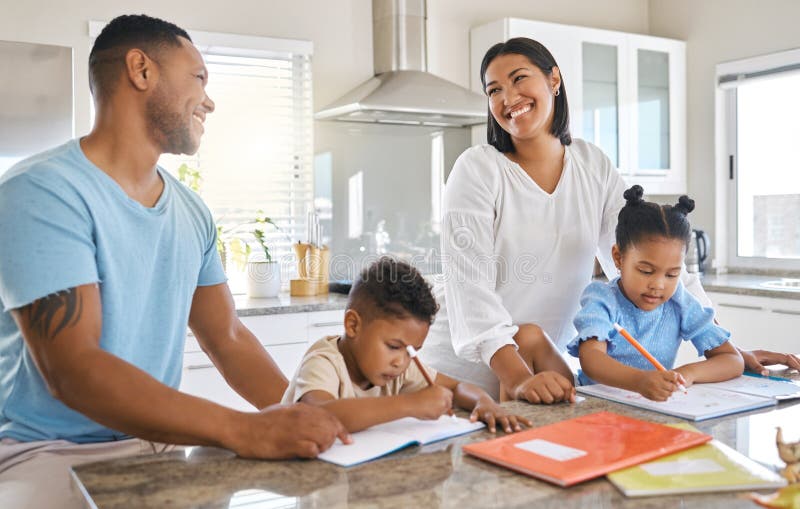 Parents, Kids and Teaching in Kitchen for Homework, Help and Study with ...