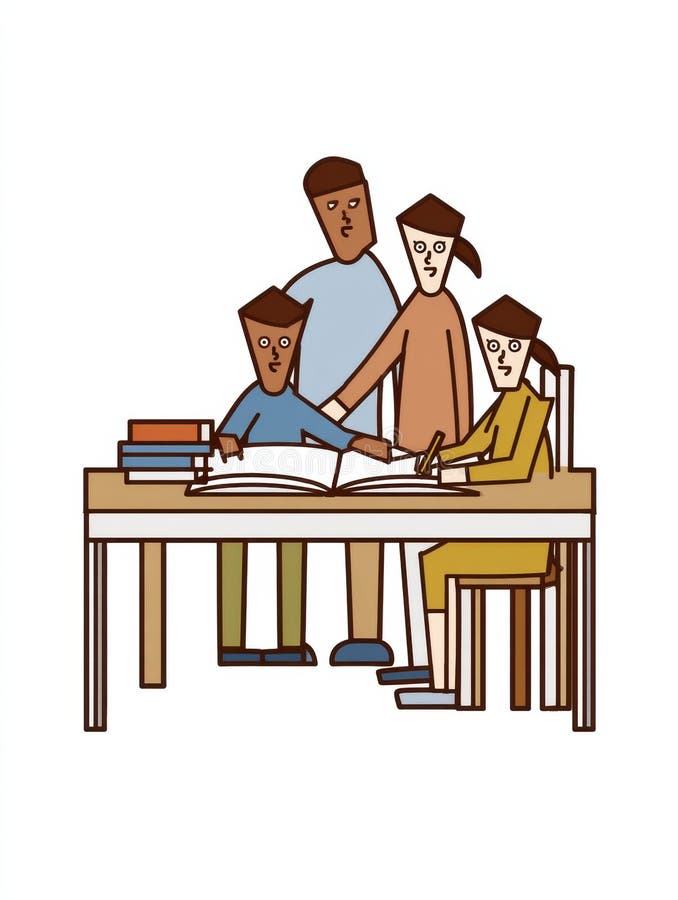 Parents Assist Children with Homework at a Dining Table during an Evening Study Session Stock ...