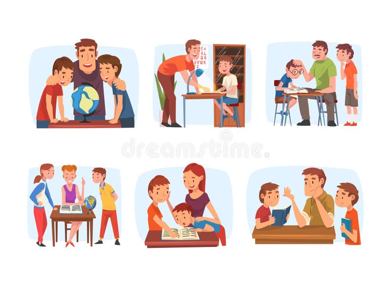 Parents Teaching Their Children at Home Doing Homework Vector Set Stock ...