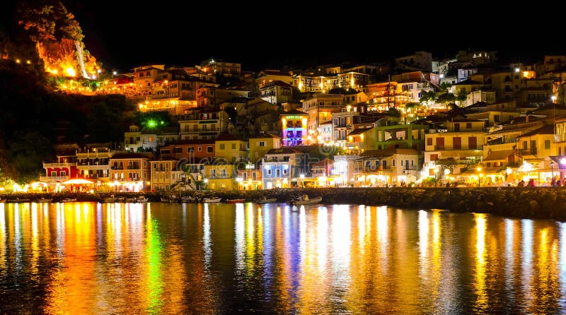 The Harbor Of Parga By Night, Greece, Ionian Islands Stock Photo ...