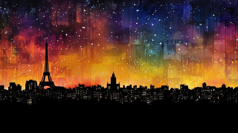Paris France City Colorized Skyline Silhouette Artwork Stock ...