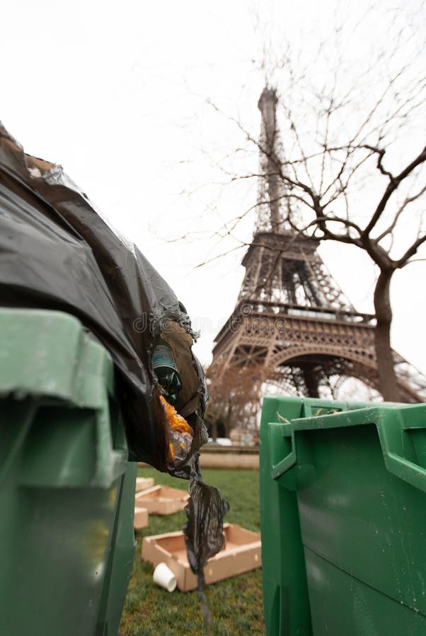 Paris, Eiffel Tower with Garbage Cans in Front Stock Photo - Image of ...
