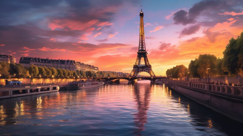 Paris Eiffel Tower and River Seine at Sunset in Paris, France Stock ...