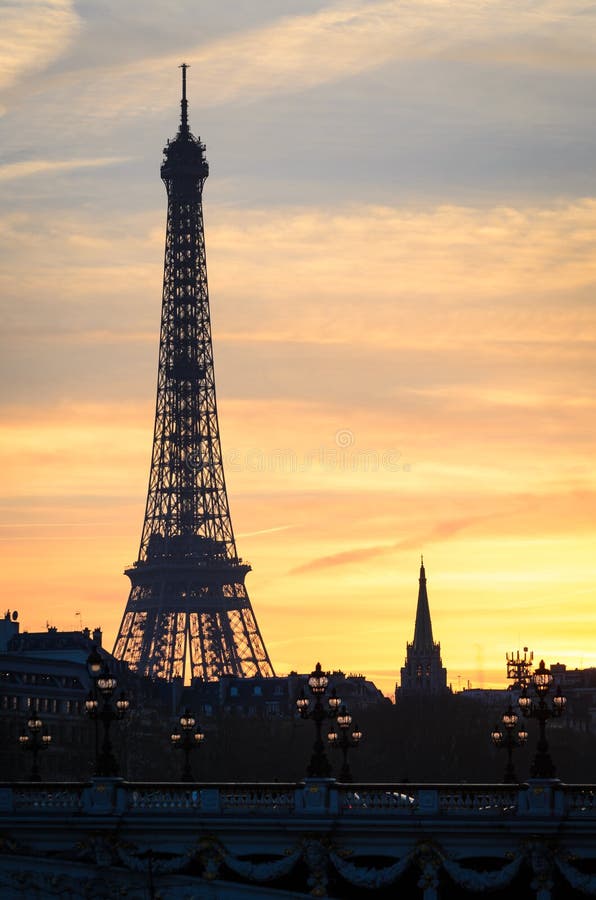 Paris Eiffel Tower at Sunset Stock Image - Image of france, silhouette ...