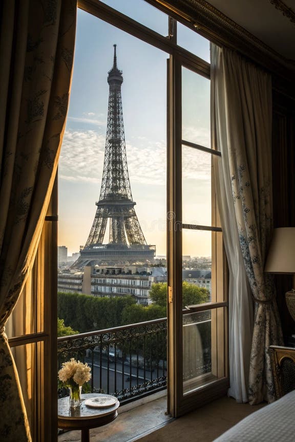 Paris Eiffel Tower View from the Window in the Hotel Room Stock Image ...