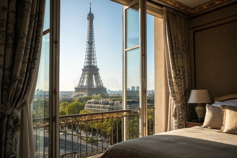 Paris Eiffel Tower View from the Window in the Hotel Room Stock Image ...