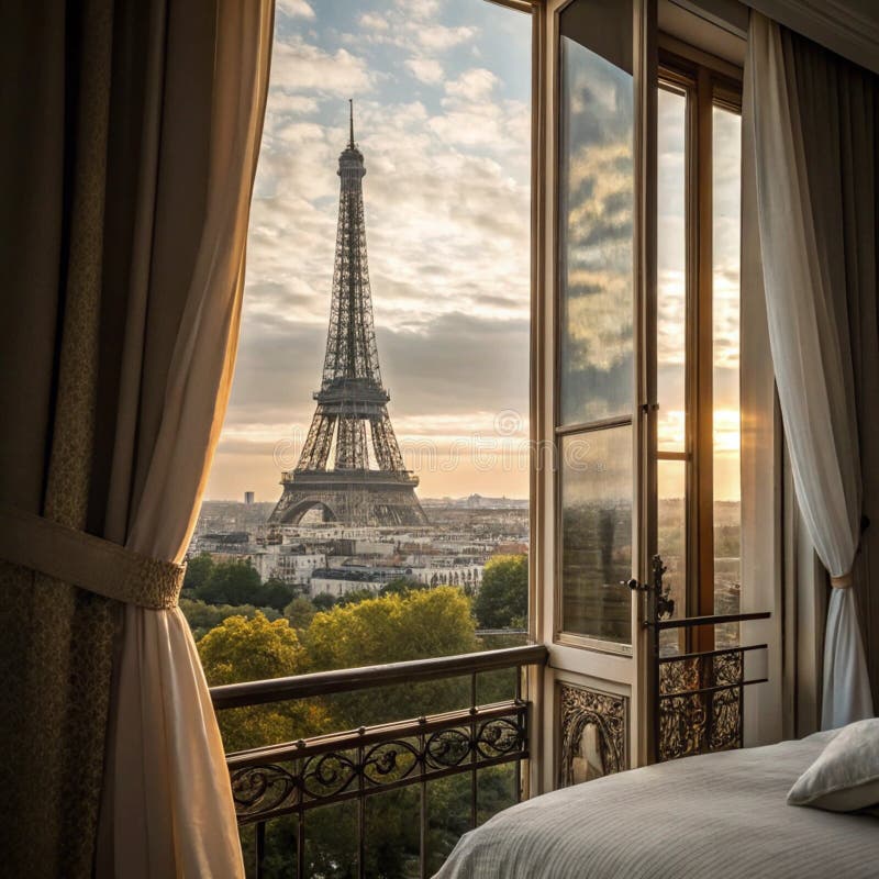 Paris Eiffel Tower View from the Window in the Hotel Room Stock Image ...