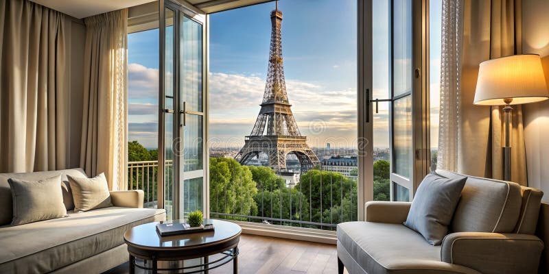 Paris Eiffel Tower View from the Window in the Hotel Room AI Generative ...