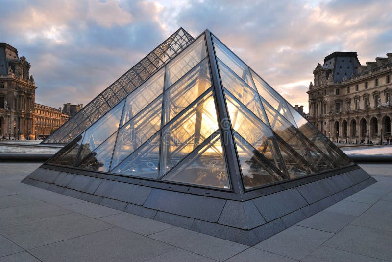Paris. Glass Pyramids at Sunset Editorial Stock Image - Image of ...