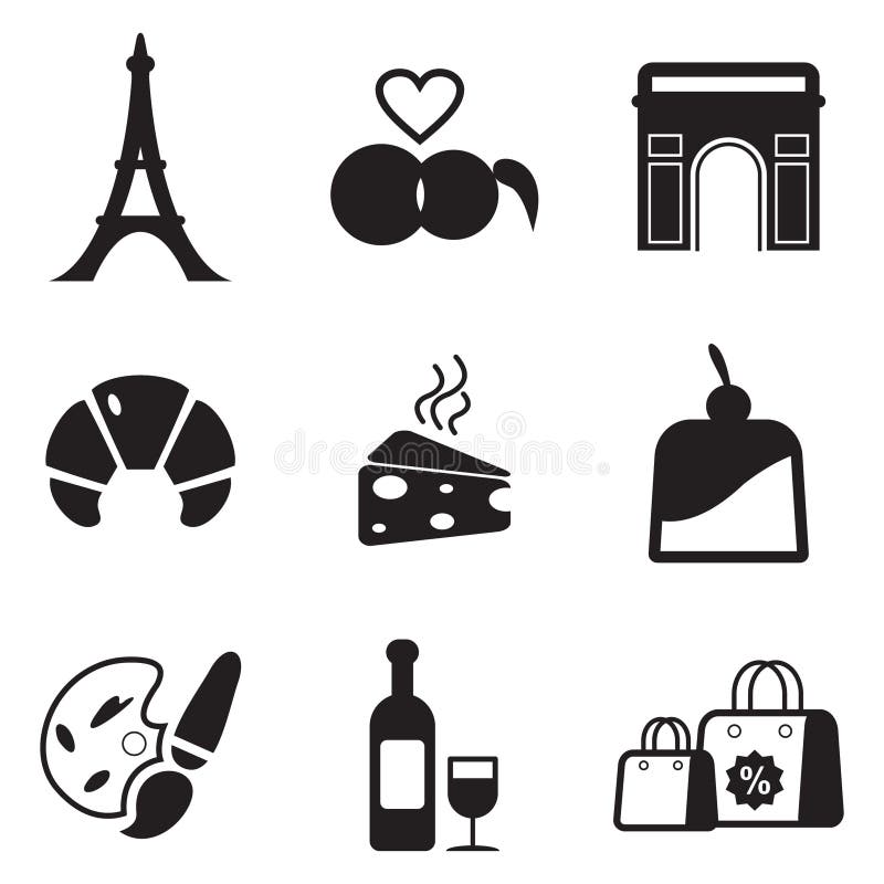 Paris All in One Icons Black & White Color Flat Design Freehand Set ...