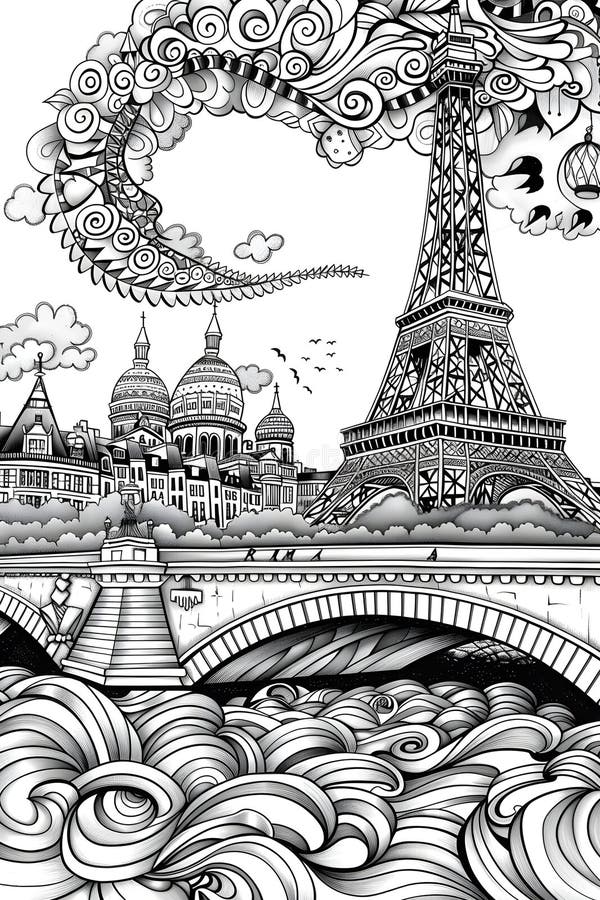 Paris Landscape Coloring Page with Thick Lines Stock Illustration ...