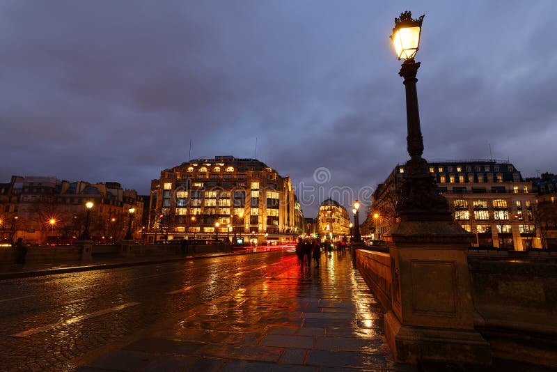Paris at Rainy Night Cityscape. View from Pont Neuf Bridge. Stock Image ...
