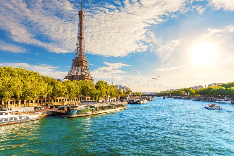 Paris Skyline with Eiffel Tower and River Seine Under Clouds, France Stock Photo - Image of ...