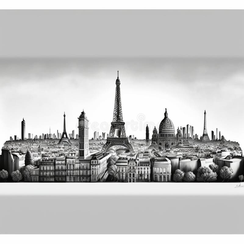 Paris Skyline View in Black and White Color. AI Stock Illustration ...