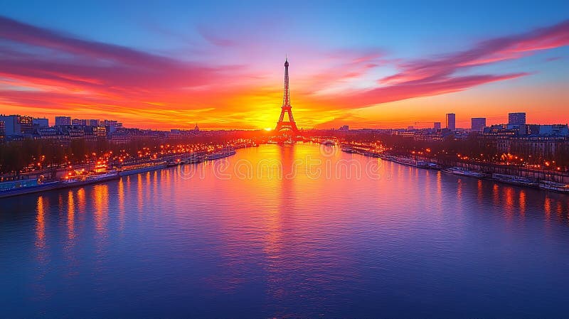 Paris View and Eiffel Tower at Sunset Stock Illustration - Illustration ...
