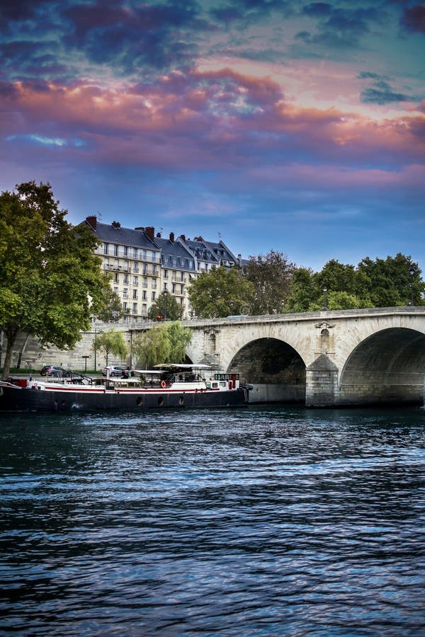Paris, View of the Seine and the Boat, Beautiful Sunset Sky Stock Image ...