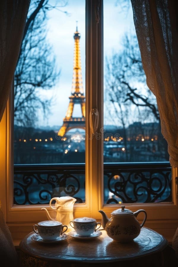 Paris Window View Eiffel Twilight Scene Stock Illustration ...